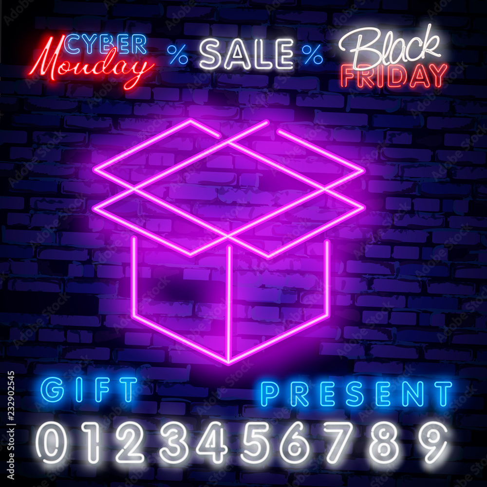 Box Neon Sign Vector. Gift neon sign, Win super prize design template ...