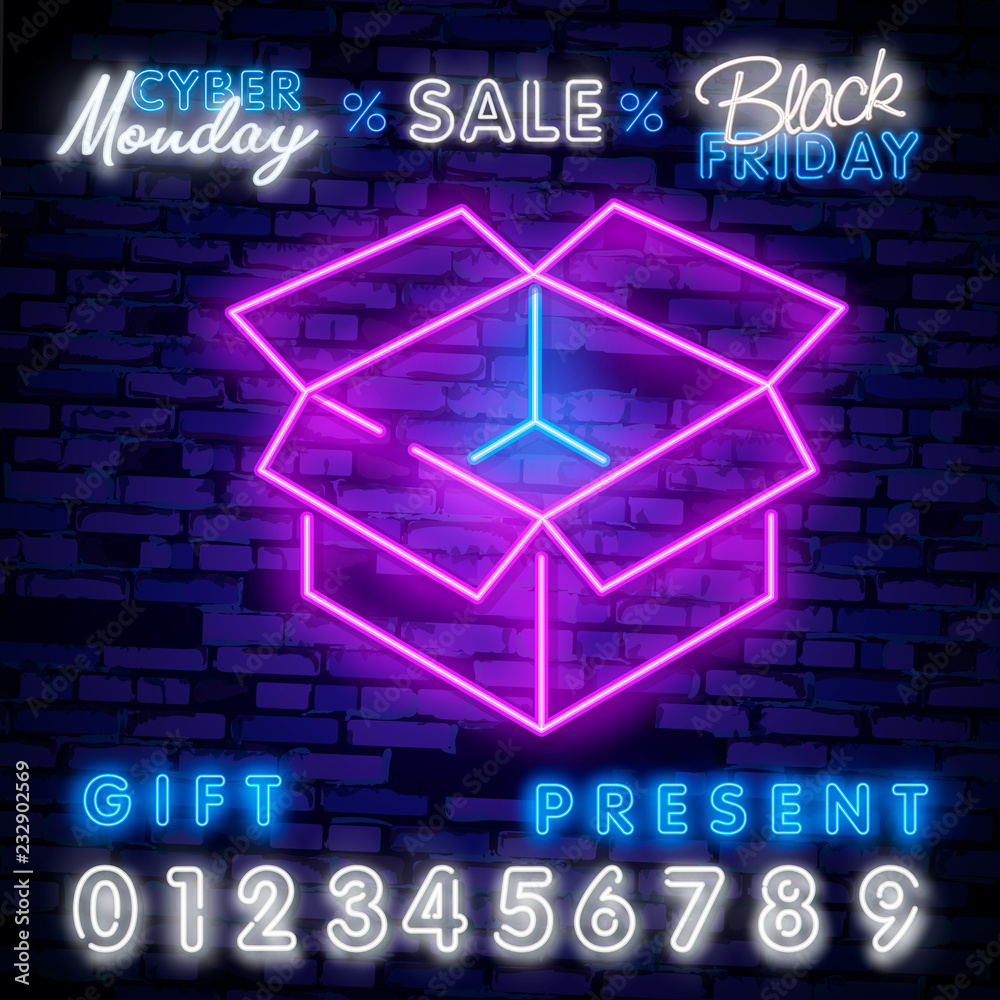 Box Neon Sign Vector. Gift neon sign, Win super prize design template ...