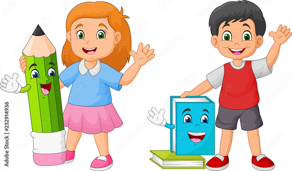 Cartoon kids with book and pencil mascots Stock Vector | Adobe Stock
