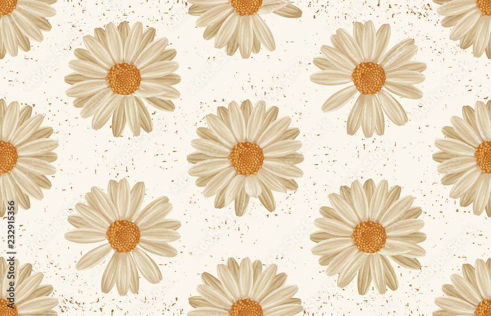 Printable seamless vintage repeat pattern background with white daisies ...