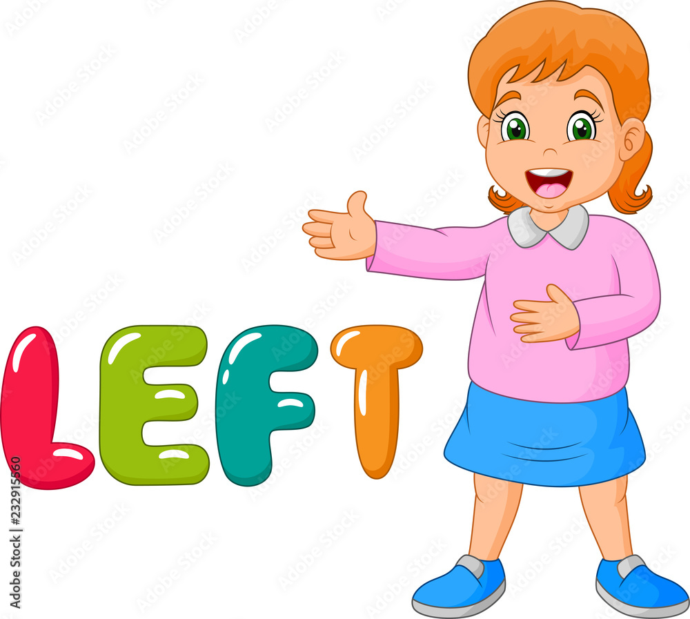 Cartoon little girl pointing to his left with the left word Stock ...