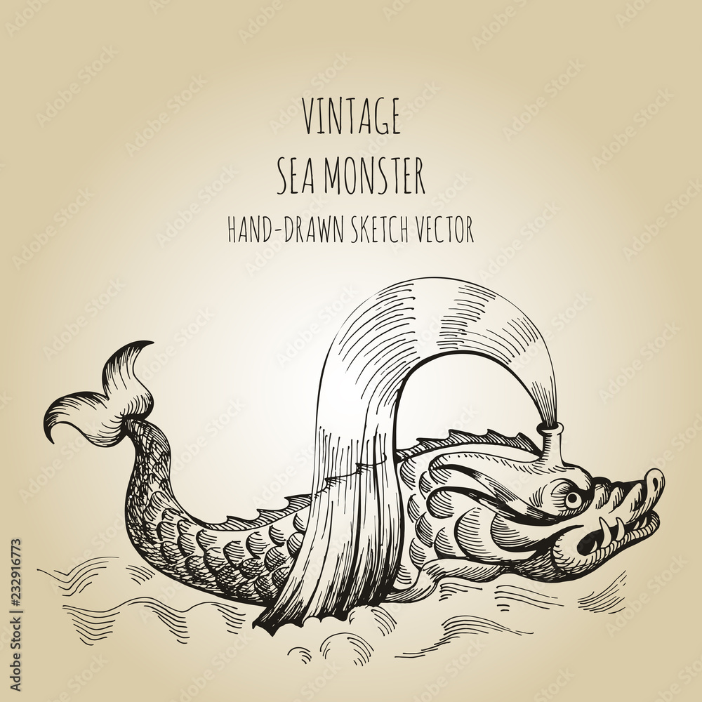 Mythological vintage sea monster. Fragment design of old pirate ...