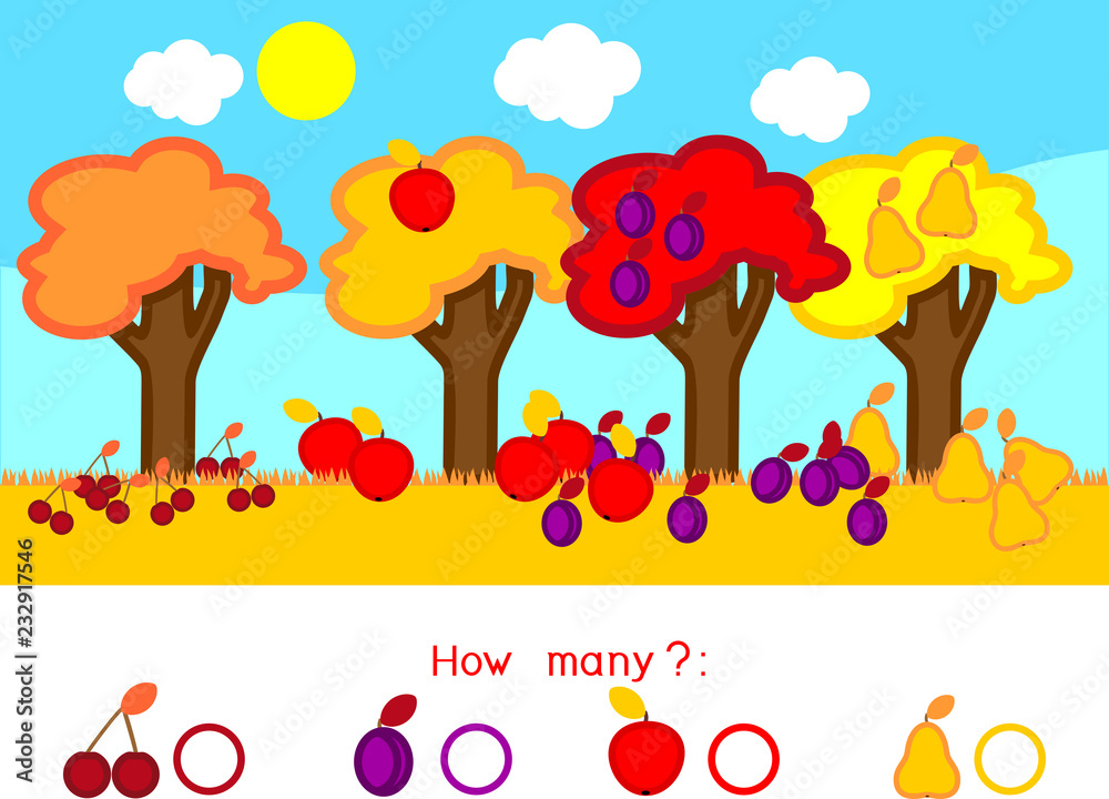 Vetor de How many different fruits. Counting educational game with ...