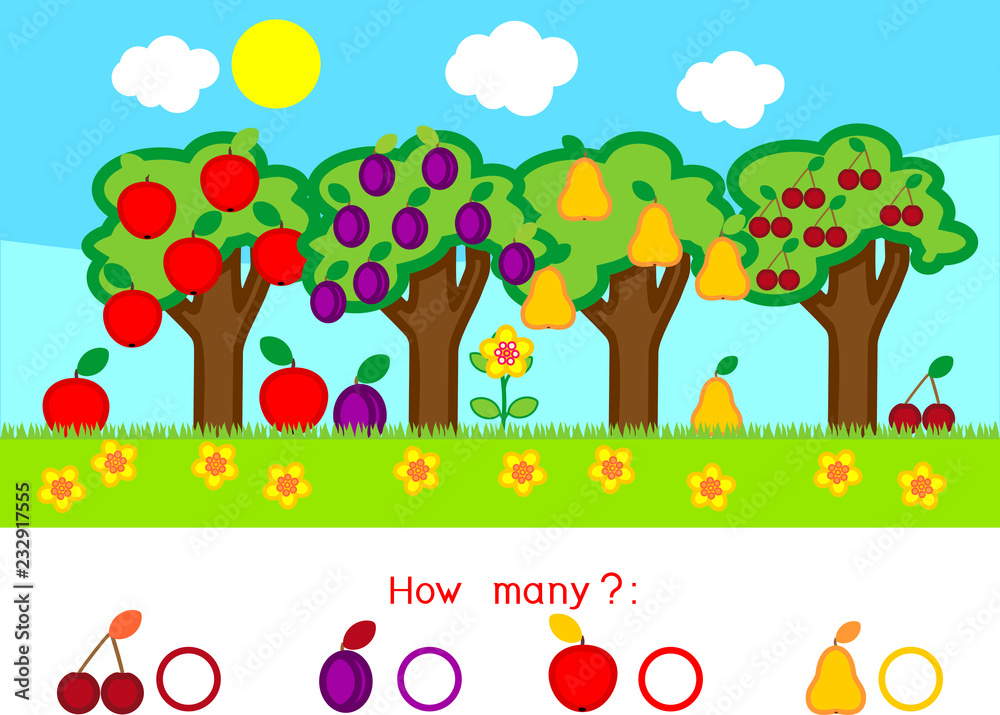 How many different fruits on trees. Counting educational game with ...