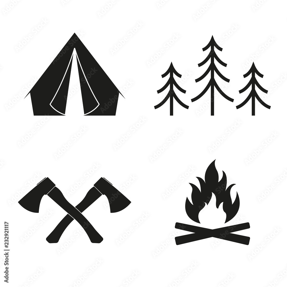 Camp icon set. Camping sign collection with tourist tent, campfire, axe ...