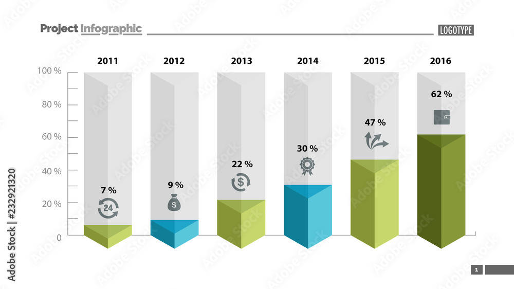 Six columns bar chart slide template. Business data. Percent, diagram ...