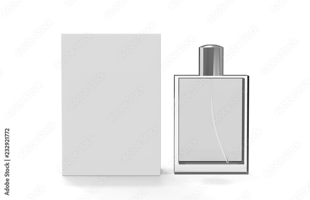 Perfume bottle and packaging box on isolated white background, ready ...