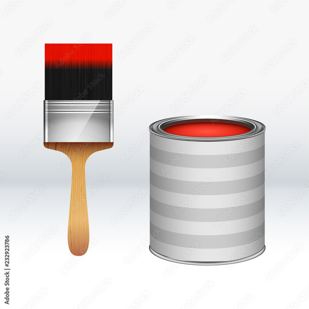 Cartoon red paint bucket with and paint brush. Vector illustration ...