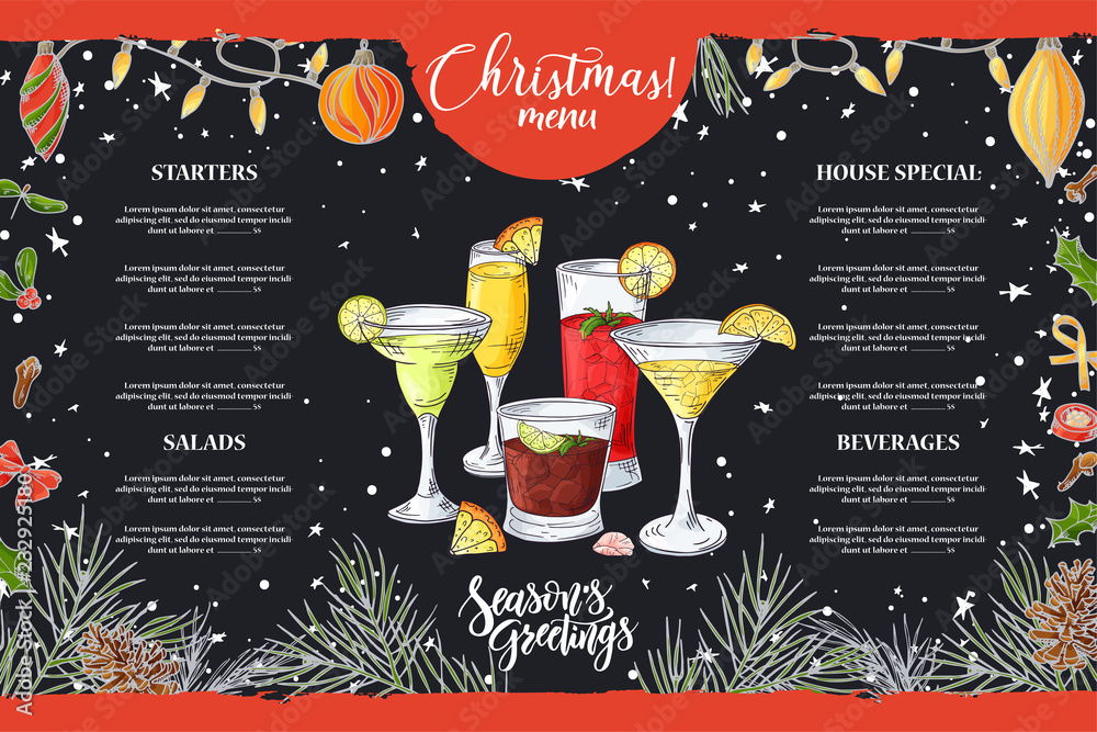 Chalk drawning Christmas menu design. Winter design template for cafe ...