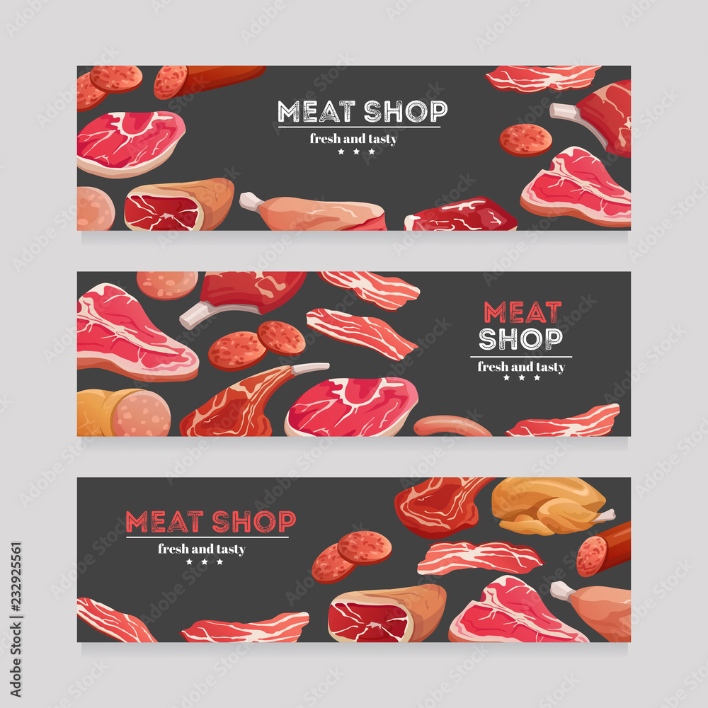 Meat product banners. Beef and pork sausage, ham and salami, bacon ...
