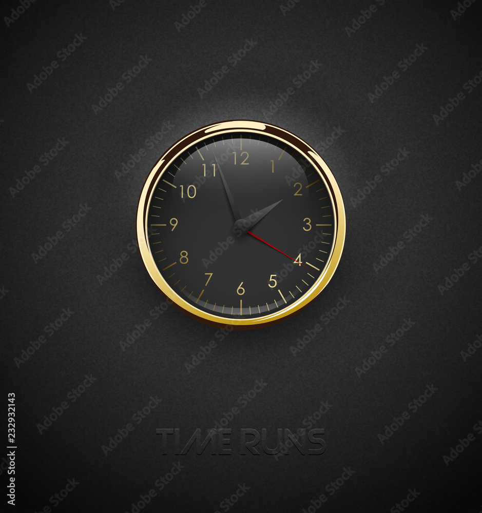Realistic deep black round clock cut out on textured plastic dark ...