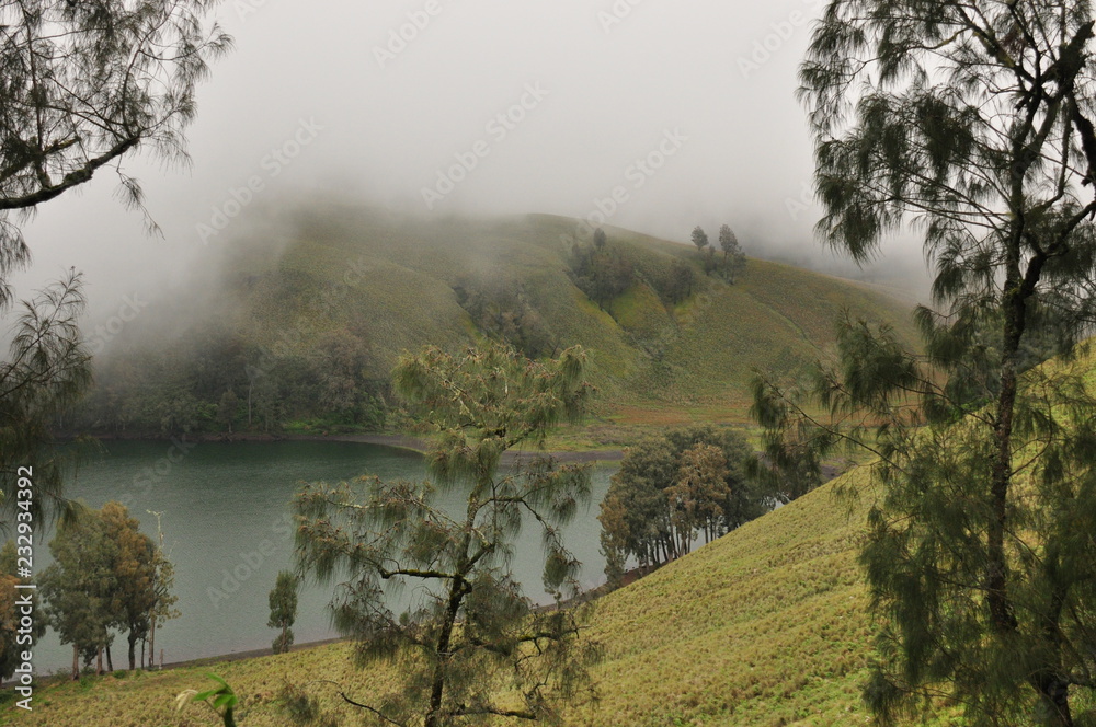 Climbing the volcano Semeru, Indonesia. Clouds obscured the crater and ...