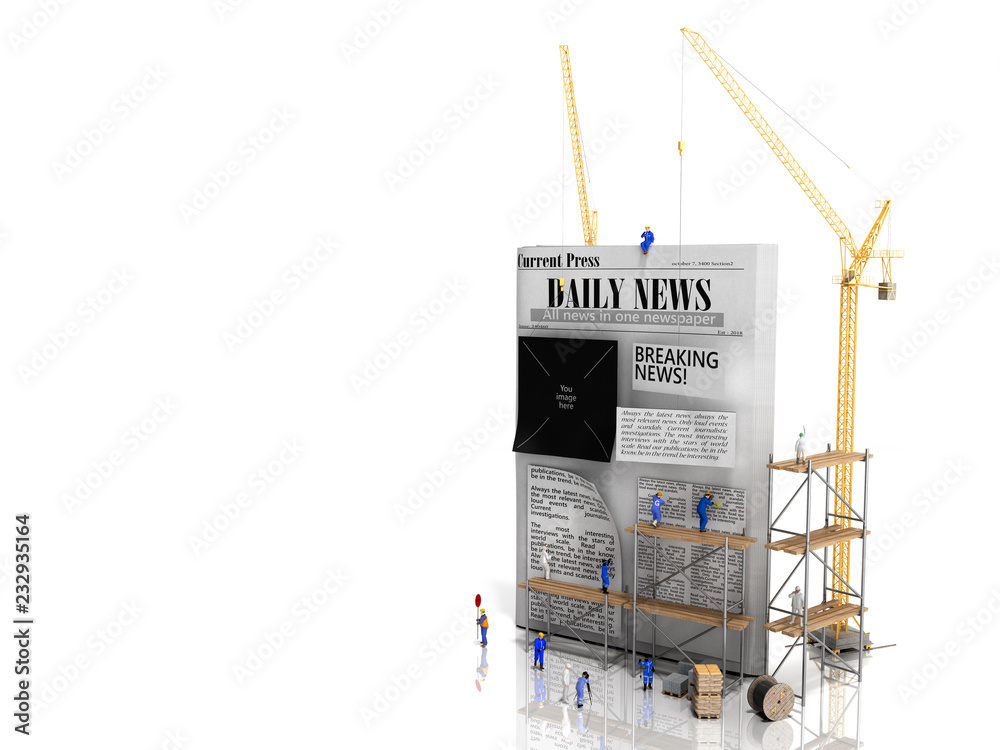 news building concept builders stick newspaper columns on a blank ...