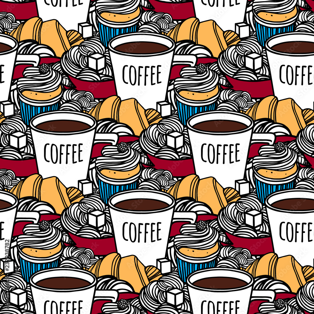 Coffee pattern. Cafe wallpaper. Bakery seamless texture. Graphic print ...