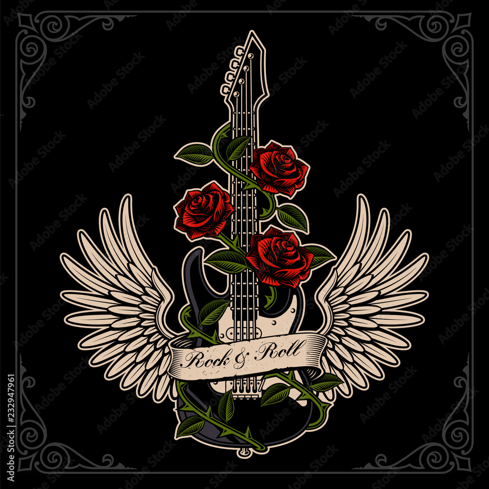 Vector illustration of guitar with wings and roses in tattoo style ...