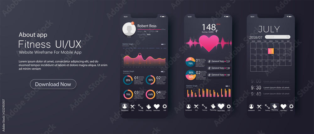 Different UI, UX, GUI screens fitnes app, responsive mobile app.Web ...