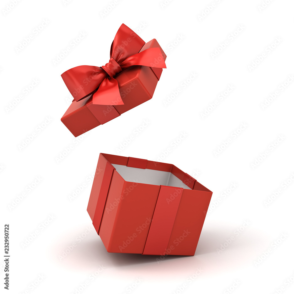 Open red gift box or blank present box with red ribbon bow isolated on ...