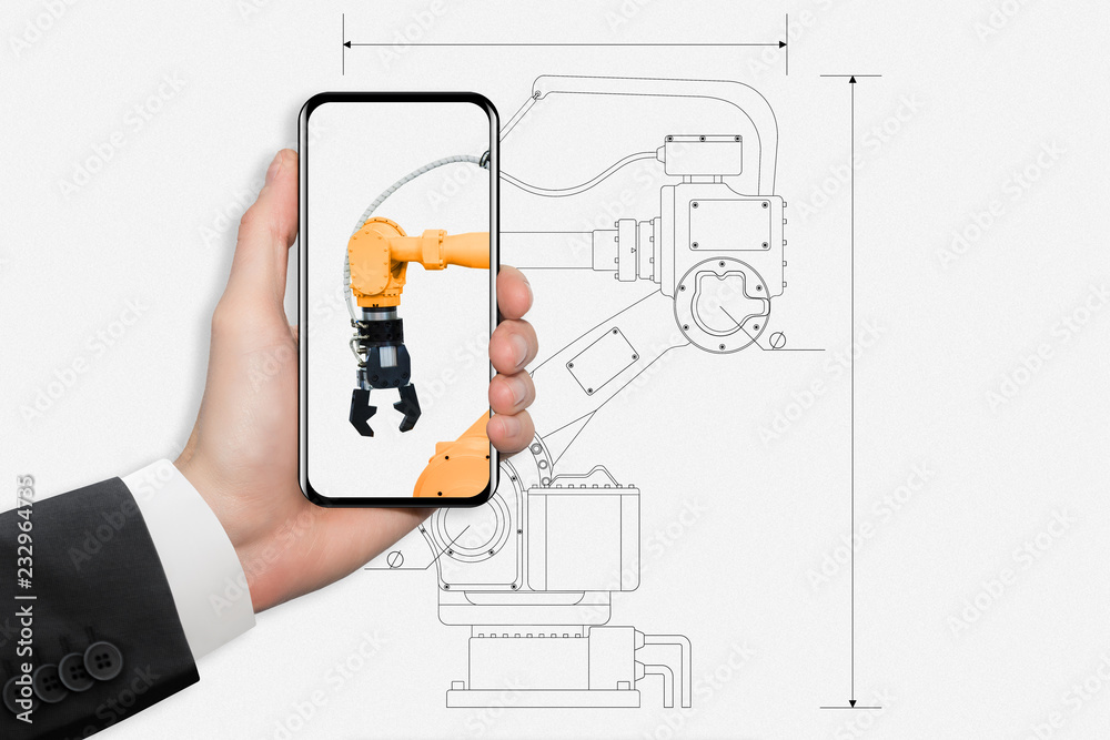 Augmented reality in engineering. Construction of robots. Stock Photo ...