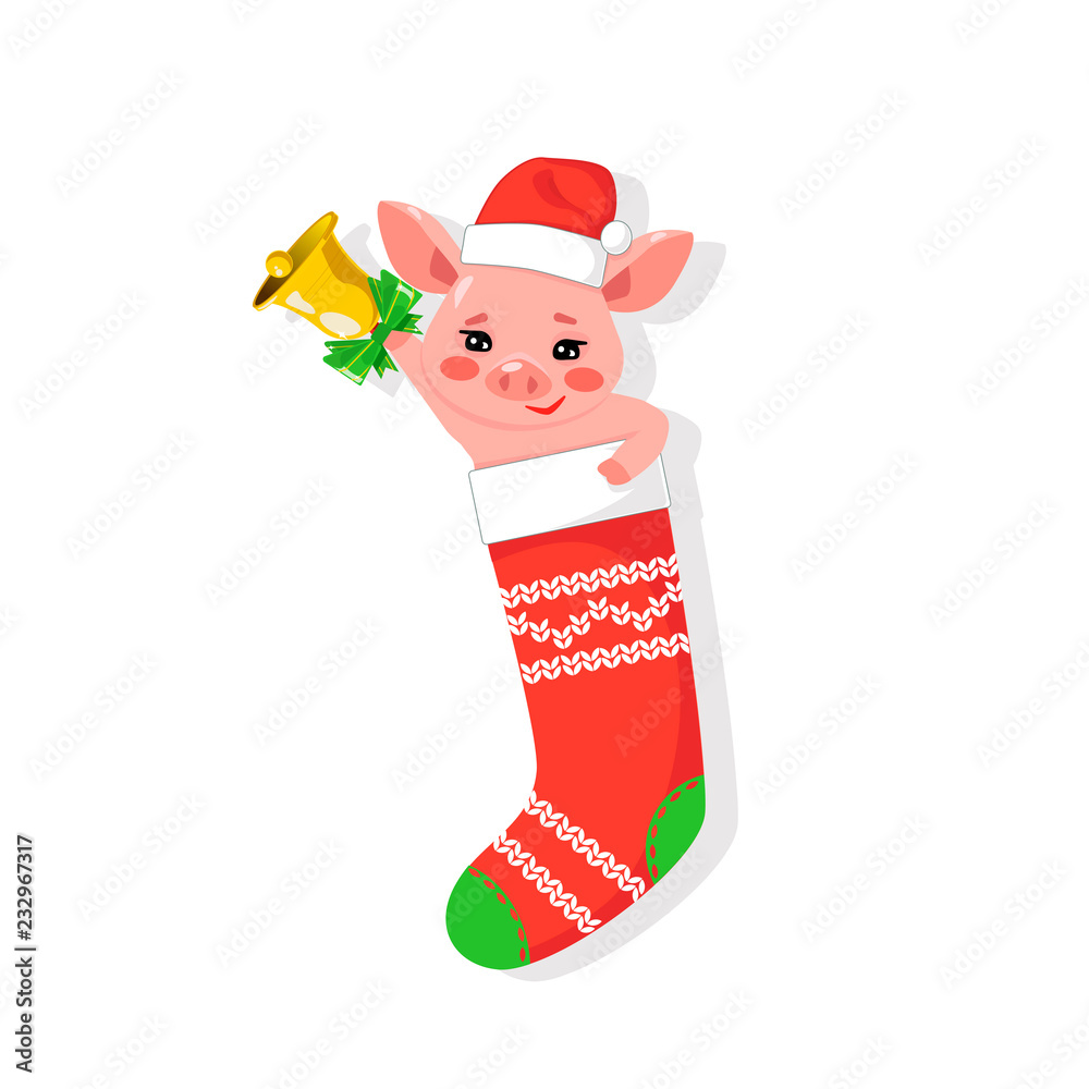 Cute pig in a Christmas stocking ringing the bell. Vector illustration ...