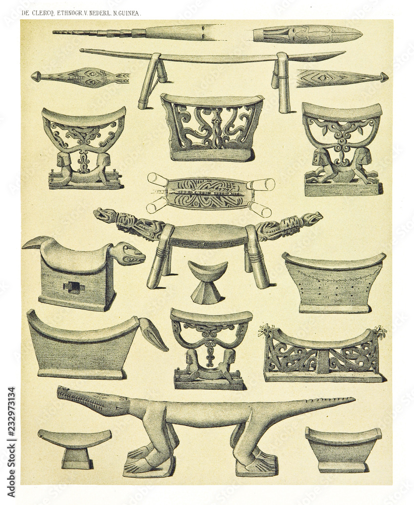 Ancient detailed ethnic collection of african wooden stools, coast of ...