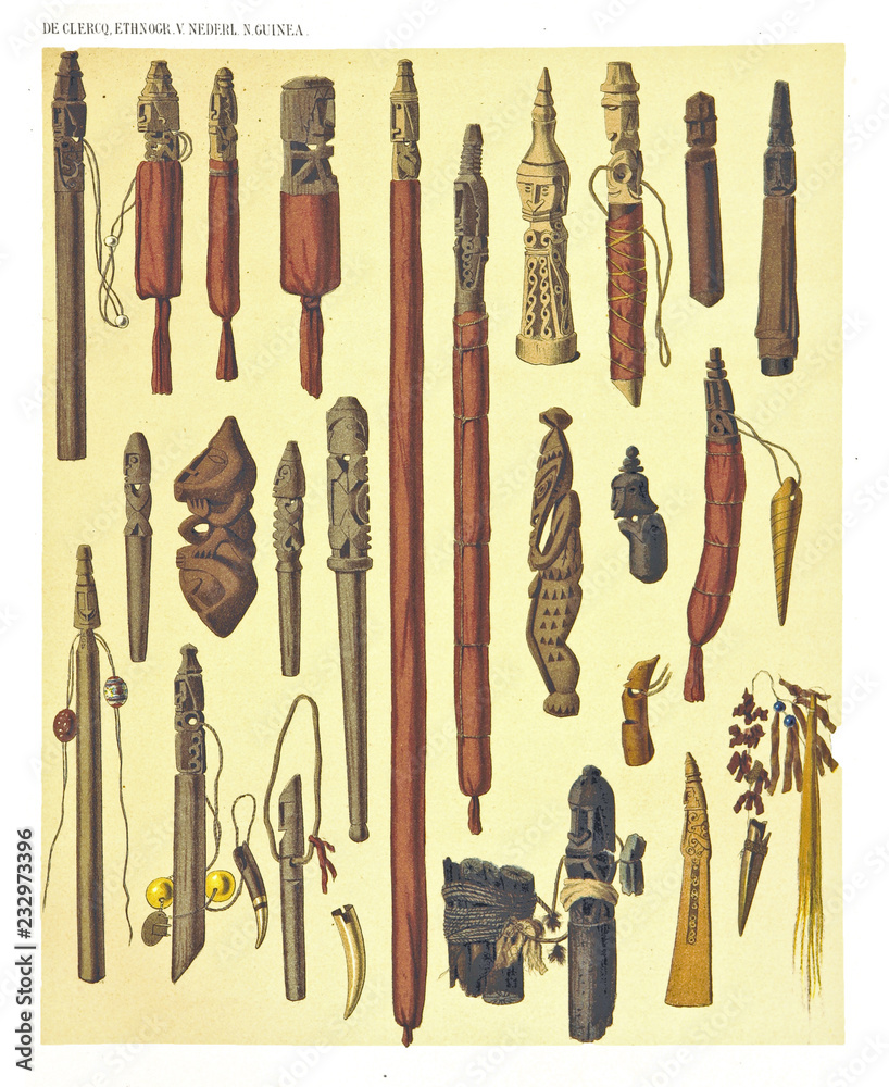 Ancient detailed ethnic collection of african sticks wooden decorated ...