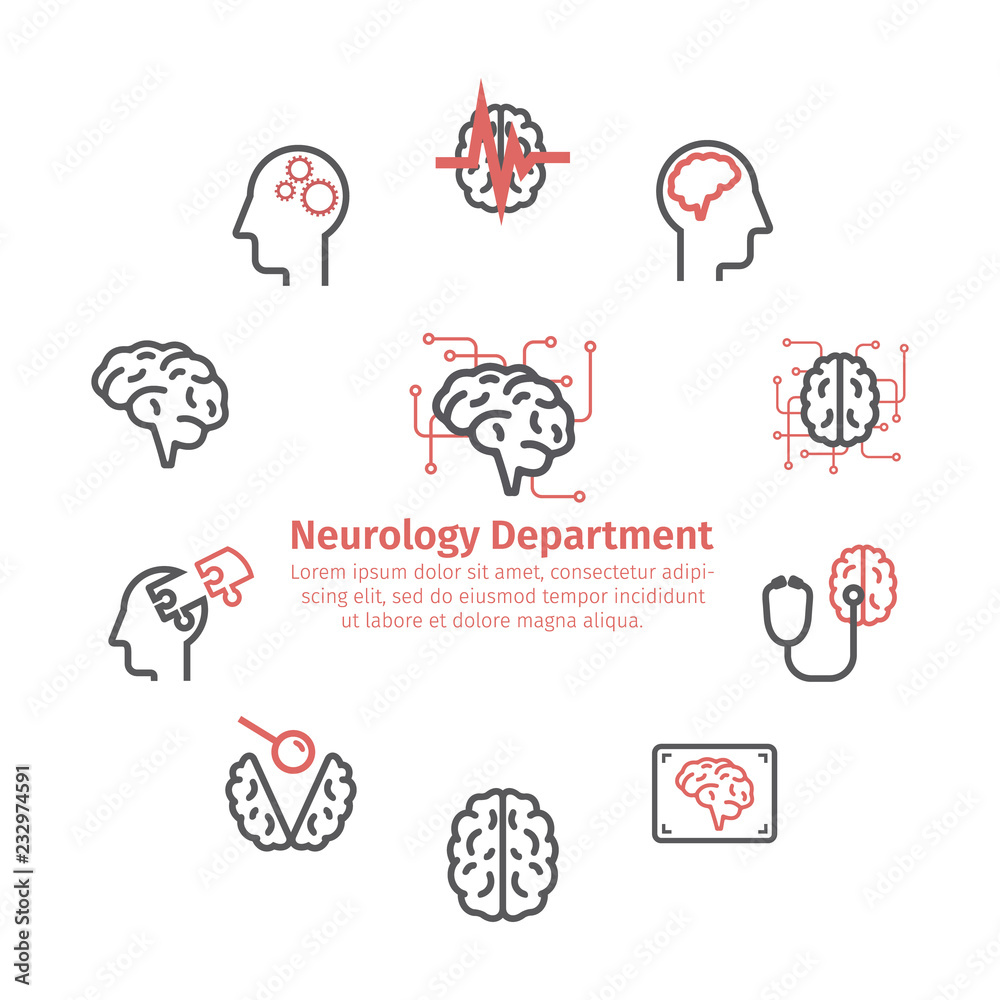 Neurology Center round banner. Line icons. Clinic icons. Brain signs ...