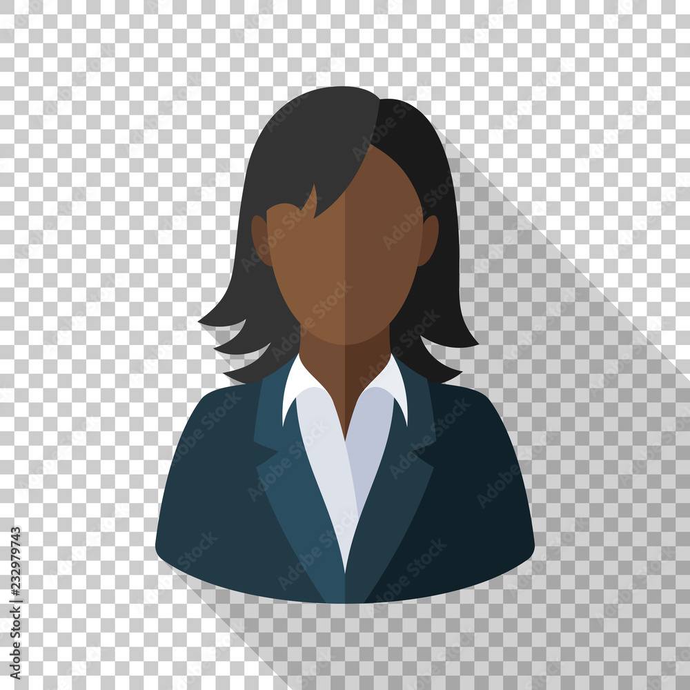 Black female user icon in flat style with long shadow on transparent ...