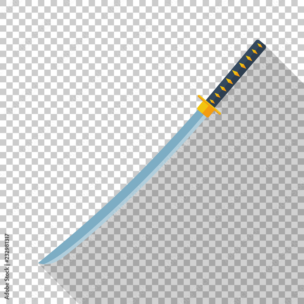 Katana sword icon in flat style with long shadow on transparent ...