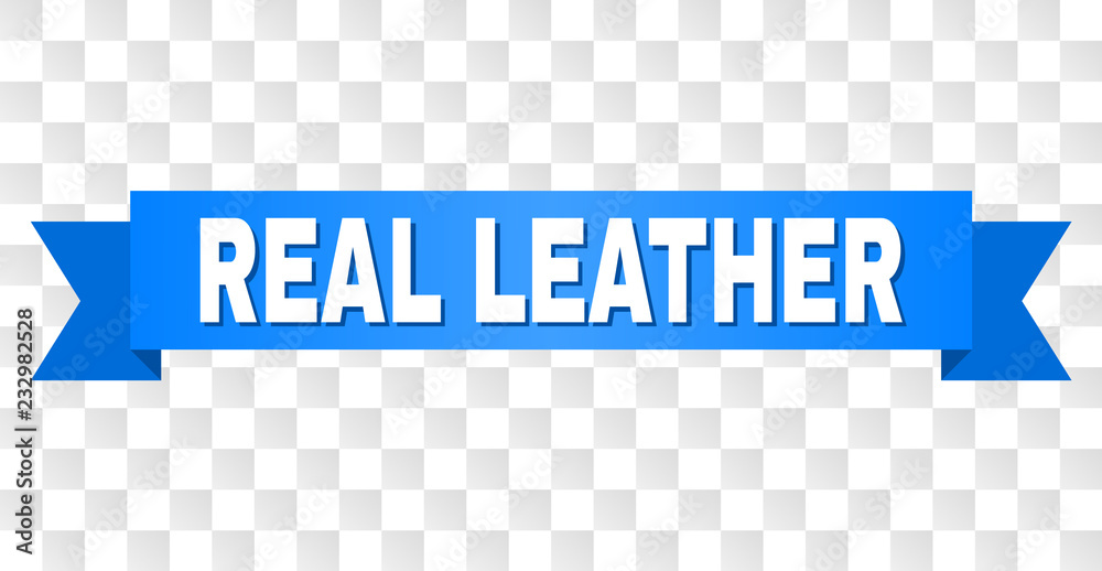 REAL LEATHER text on a ribbon. Designed with white title and blue tape ...