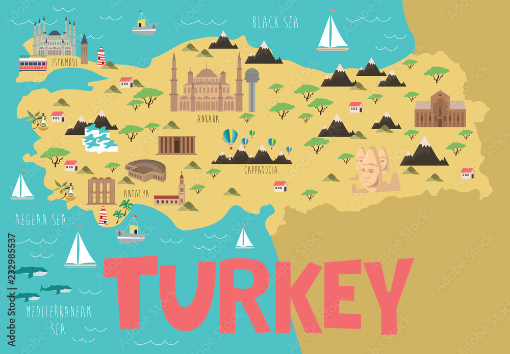 Illustration map of Turkey with nature, animals and landmarks. Editable Vector illustration ...