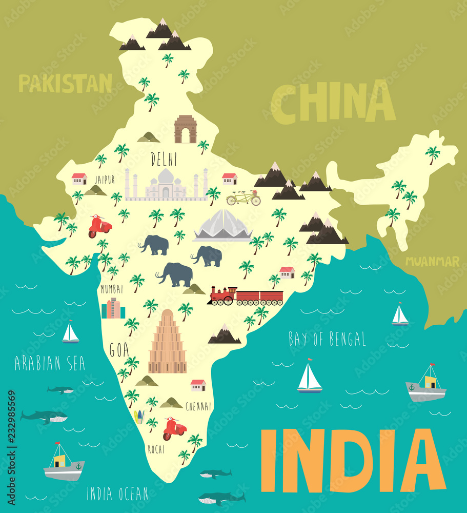 Illustration map of India with nature, animals and landmarks. Editable ...