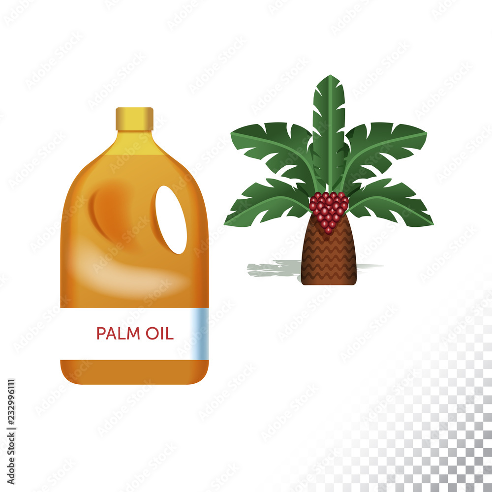 Vector flat icon illustration of palm oil bottle and palm tree ...