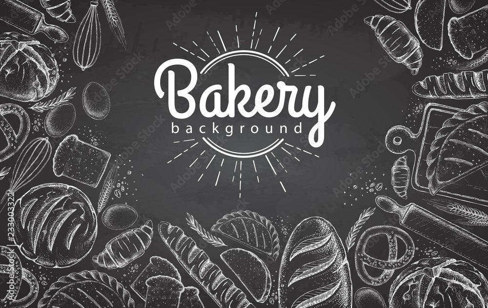 Chalk drawing Bakery background. Top view of bakery products Stock ...
