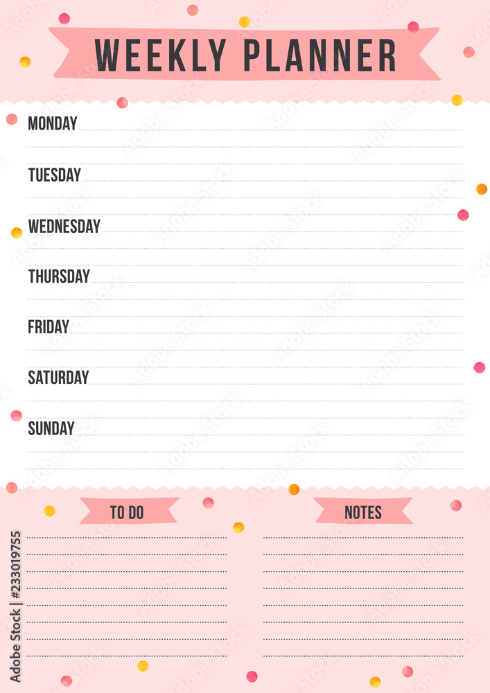 Weekly planner with gold and pink watercolor dots. Layout sheet with ...