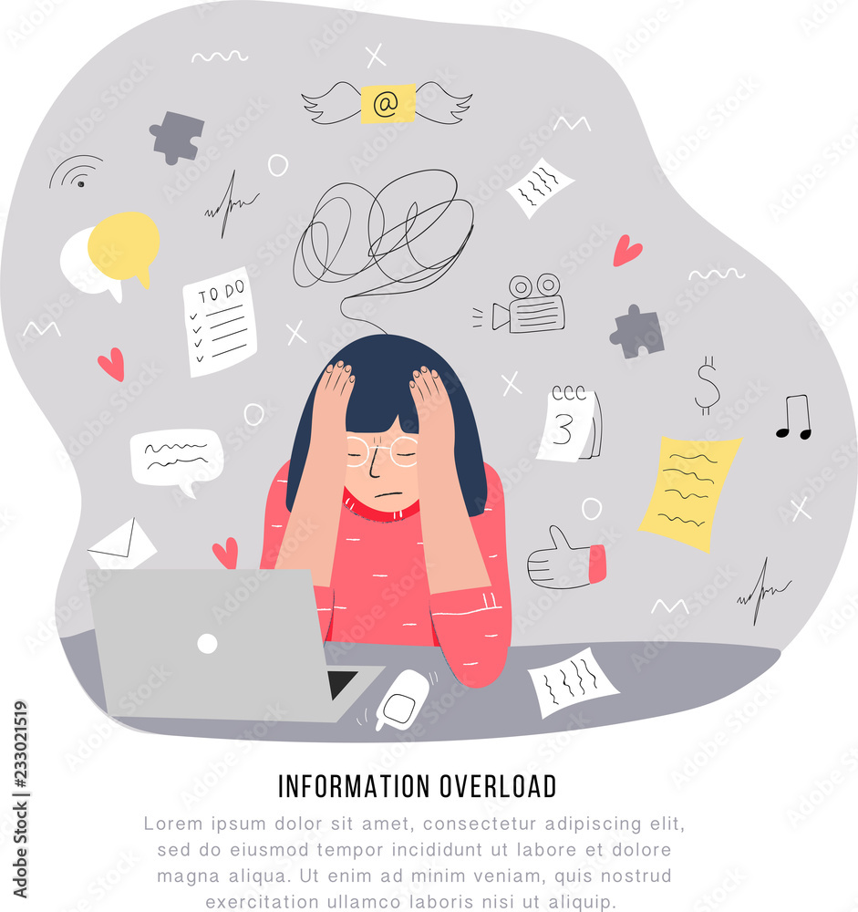 Information overload and multitasking problems concept. Flat and ...