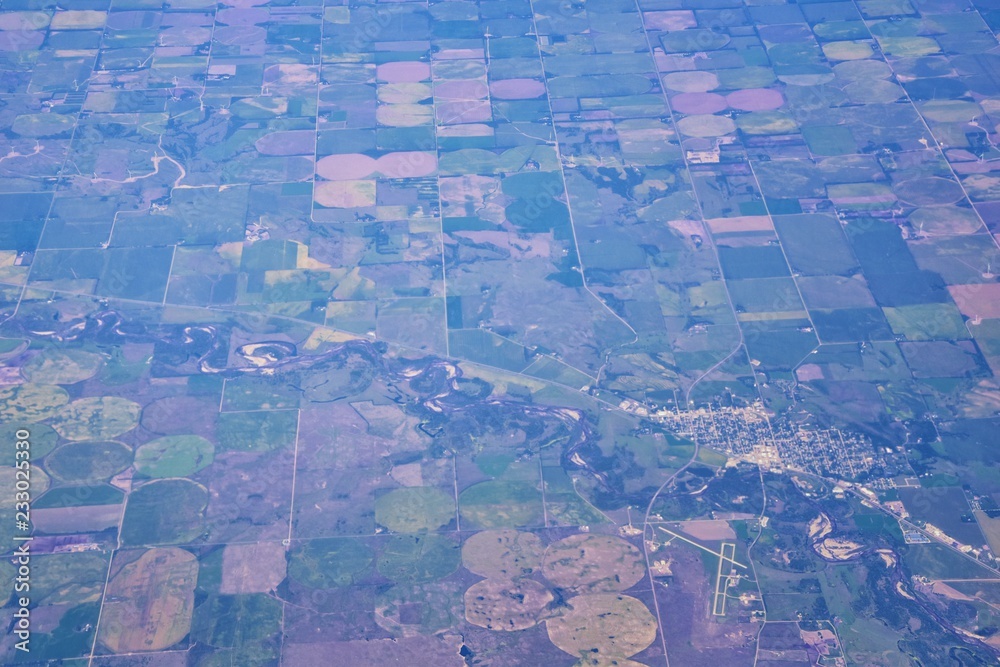 Aerial view of crop circles and squares over midwest states on flight ...