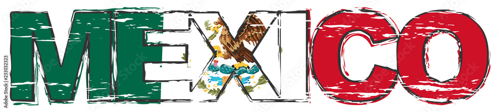 Word MEXICO with Mexican national flag under it, distressed grunge look ...