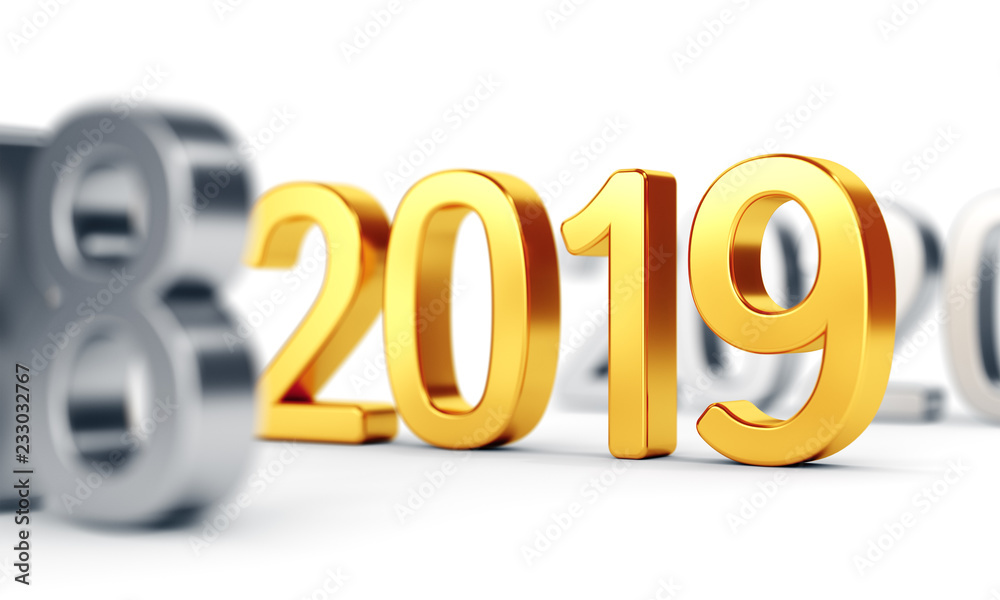 Gold numbers 2019 on white. New year concept | Uwalls.co.uk