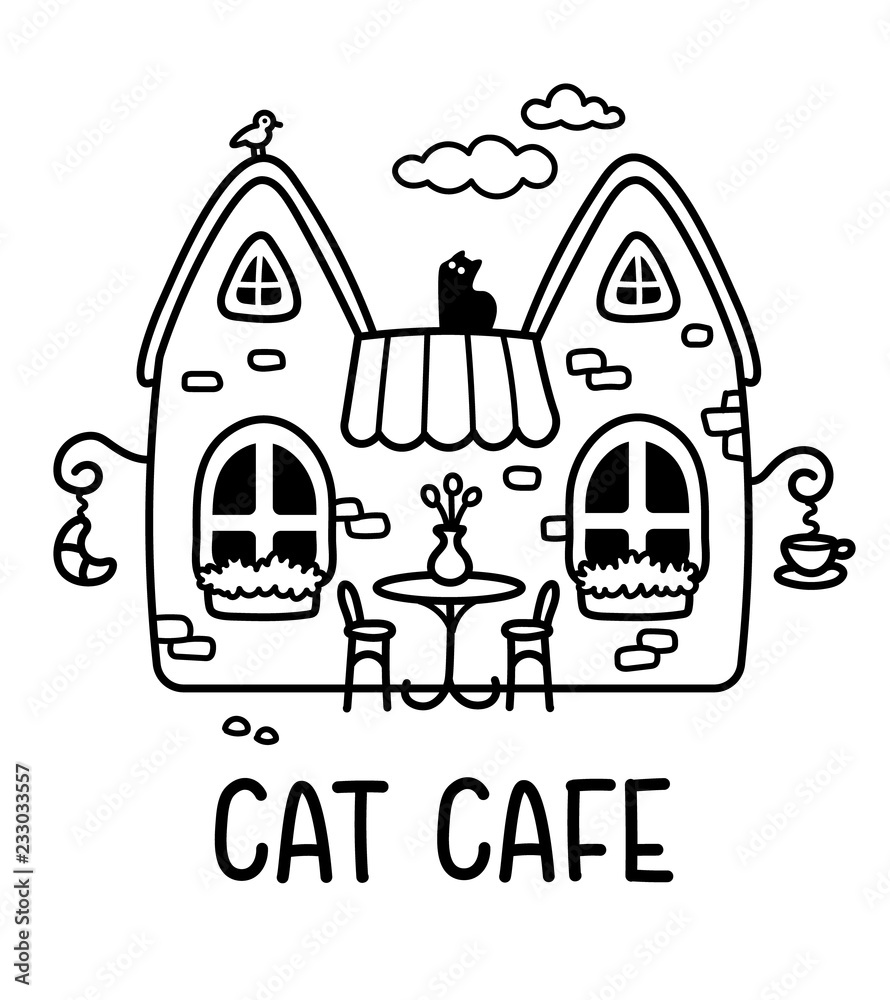 A Cartoon Vector Outline Drawing Of A Cat Cafe Or Coffee House Stock ...