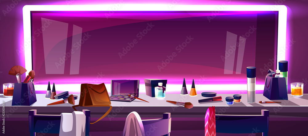 Wide mirror for makeup surrounded by frame of LED strip lght, cartoon ...