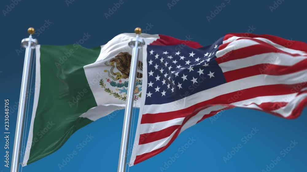 4k Seamless United States of America And Mexico Flags with blue sky ...