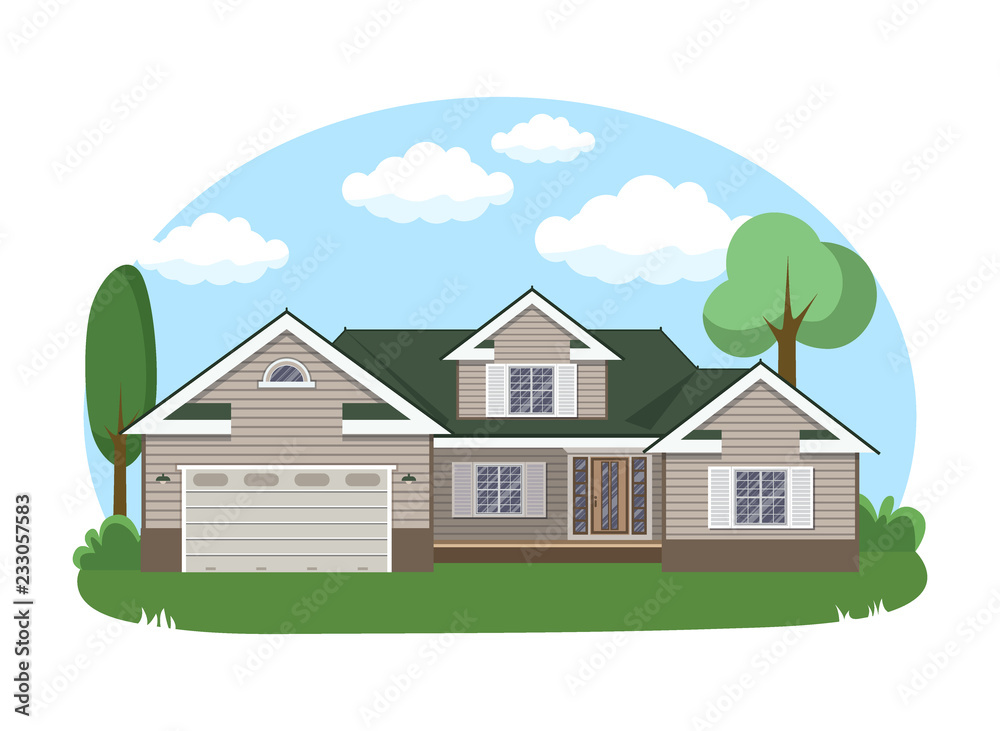 Cartoon house exterior with blue clouded sky Front Home Architecture ...
