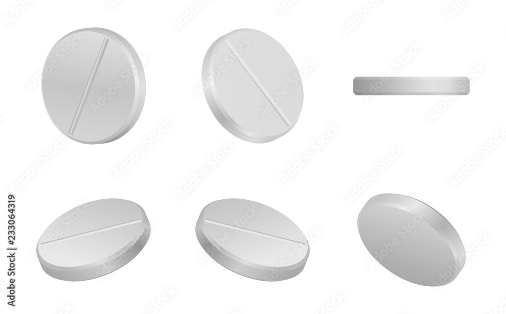 White classic pills from different angles. Realistic round tablets set ...