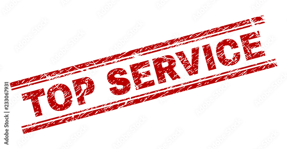 TOP SERVICE seal print with corroded effect. Red vector rubber print of ...