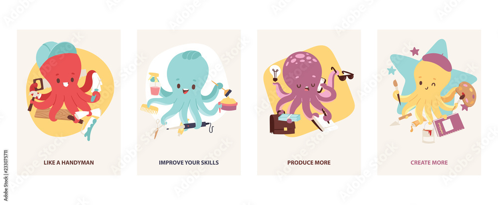 Cartoon multitasking octopuses motivating cards vector illustration ...