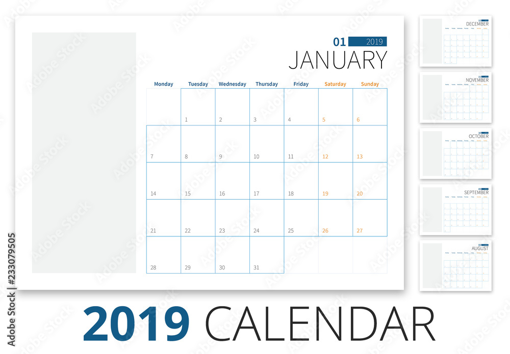 2019 Calendar Layout with Blue Accents Stock Template | Adobe Stock