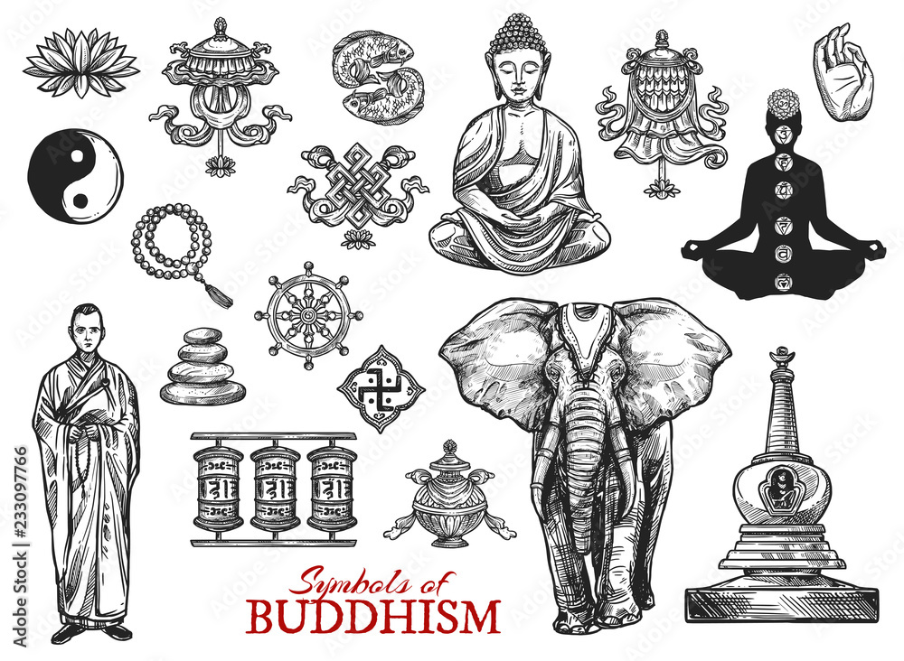 Buddhism religion symbols sketch vector icons Stock Vector | Adobe Stock