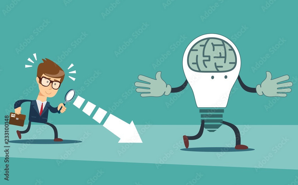 Concept of idea. Cartoon business man are running after a light bulb ...