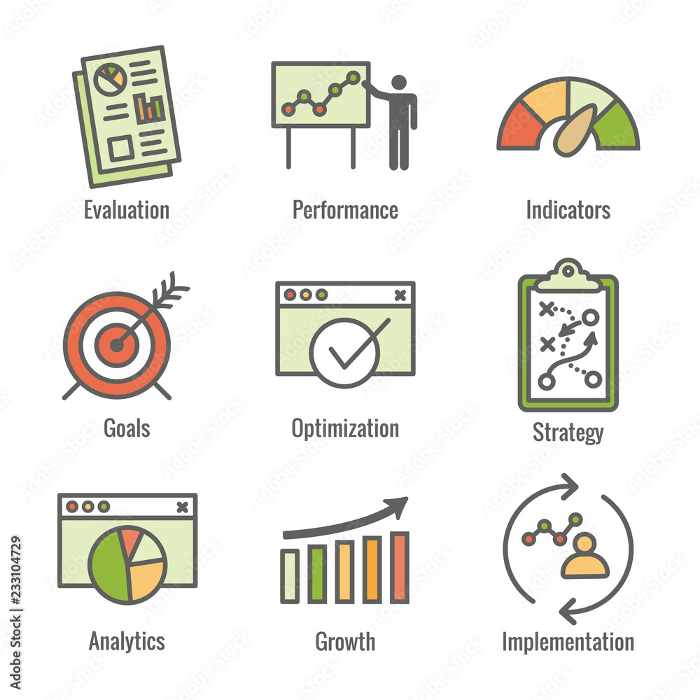 KPI - Key Performance Indicators Icon set with Evaluation, Growth ...
