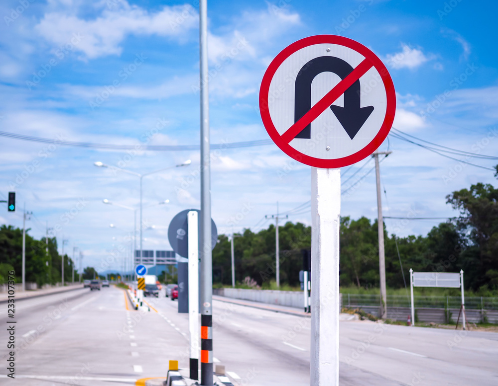 No right U-turn, Traffic warning sign for show that the road ahead, do ...